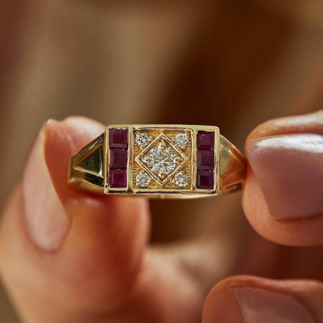 Gemstone Signet Ring, Rectangle Gemstone Ring, Gold Diamond Ring, Gold ...