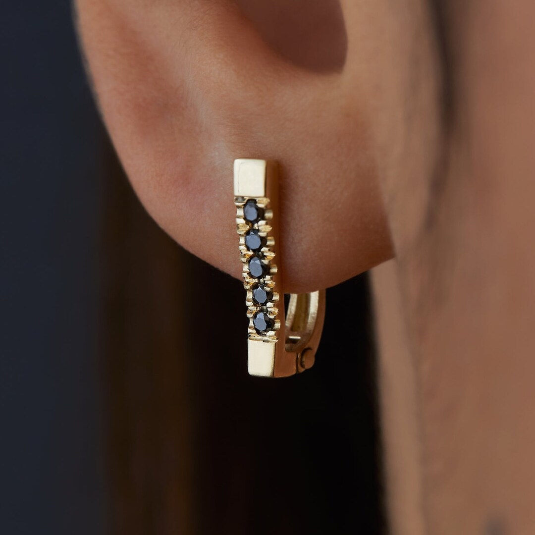 Black Diamond Earrings, Solid Gold Earrings, 14k Drop Earrings, Gold Modern Earrings, Gold Bar ...