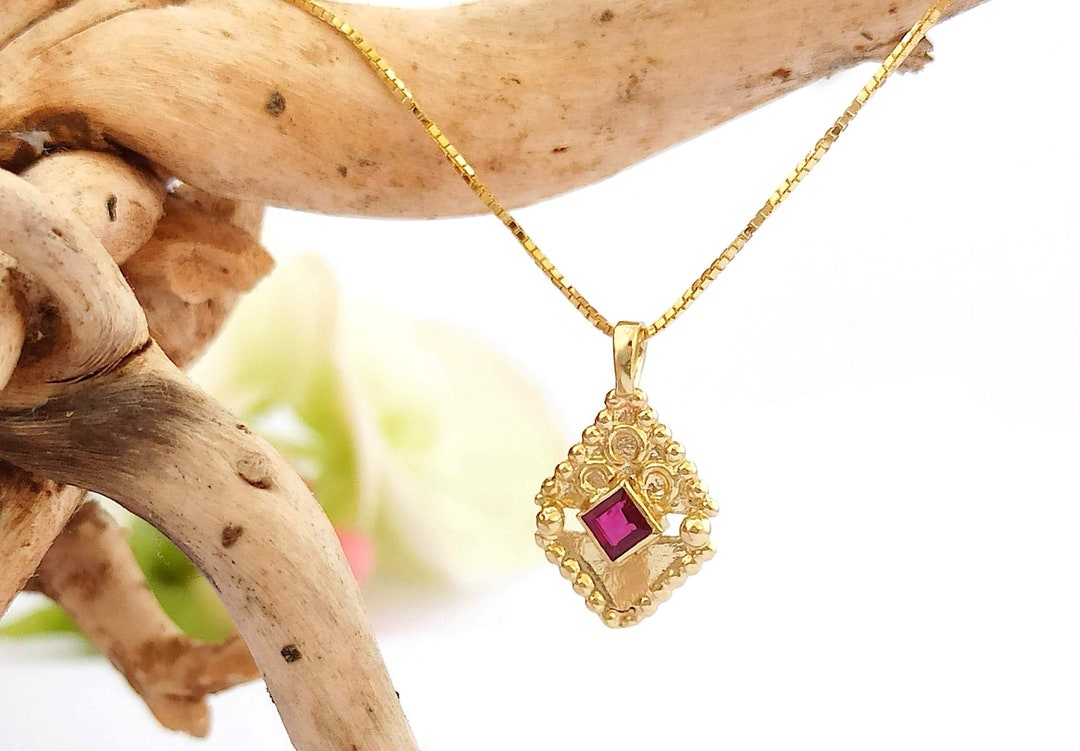 Solid Gold Necklace, 14k Gold Necklace, Gold Ruby Necklace, Gold ...