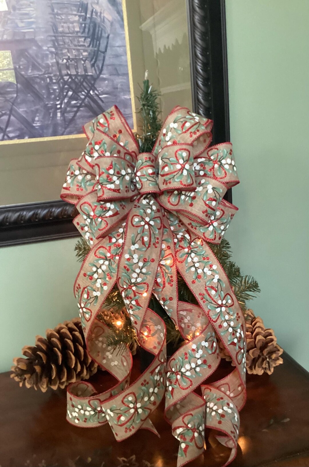 Berries With Bows on Burlap Linen Ribbon 12” Wide Bow 6 Streamers for ...