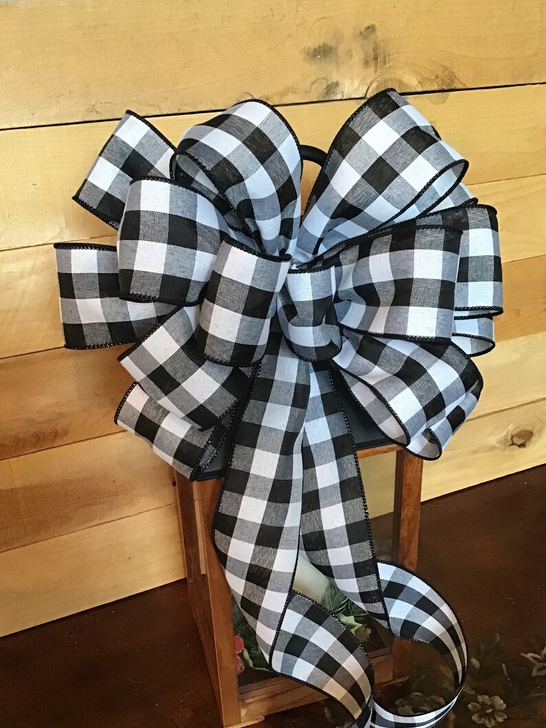 Black & White Farmhouse Buffalo Plaid 12” Bow Tree Topper Lg Wreath ...