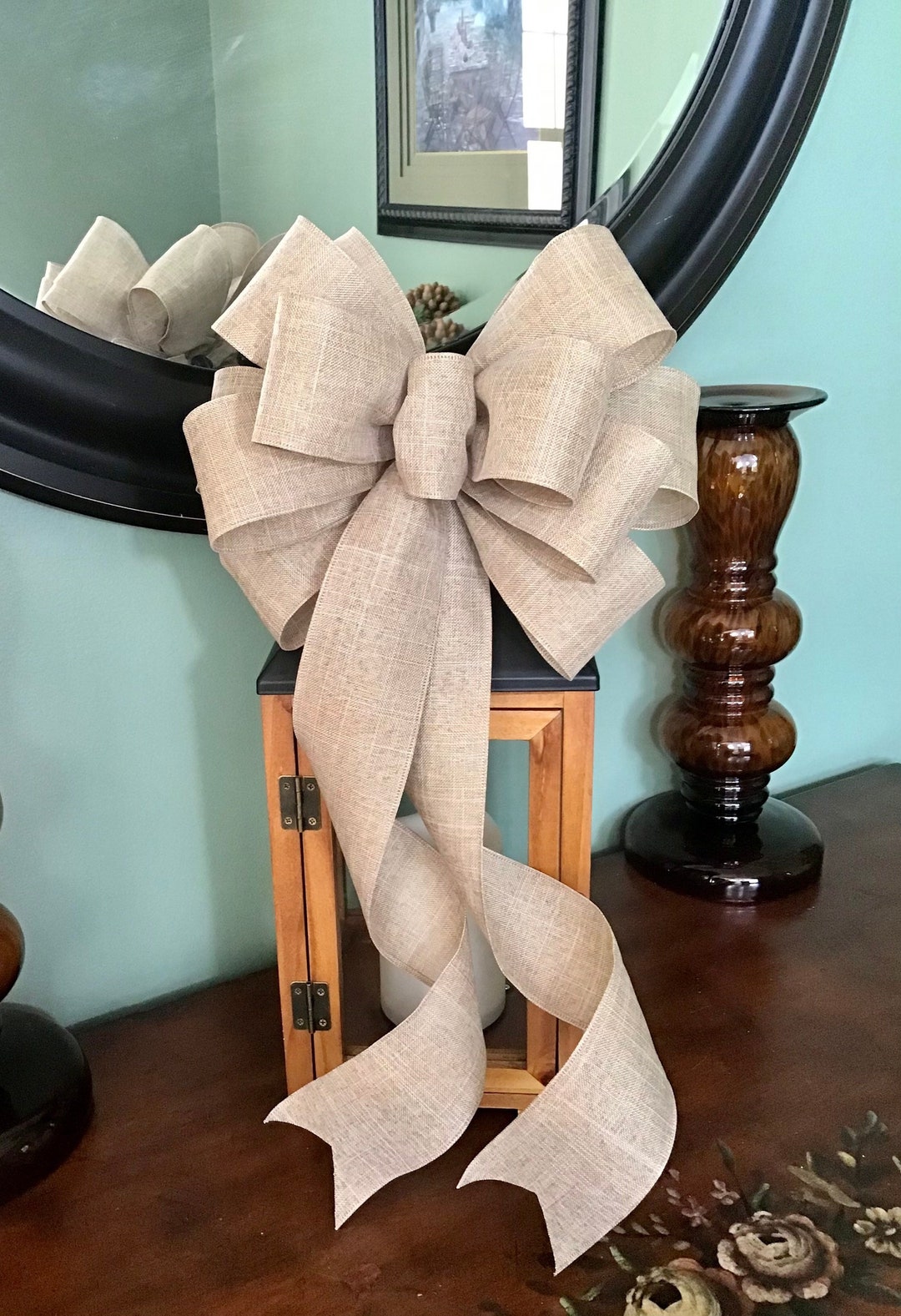 Linen Burlap Tan 11 Wide 4 Streamers Farmhouse Bow for Lantern Wreath ...