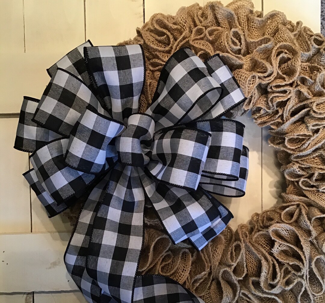 Black & White Farmhouse Buffalo Plaid 12” Bow Tree Topper Lg Wreath ...