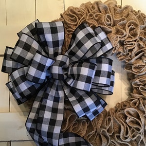 Black & White Farmhouse Buffalo Plaid 12” Bow Tree Topper Lg Wreath ...