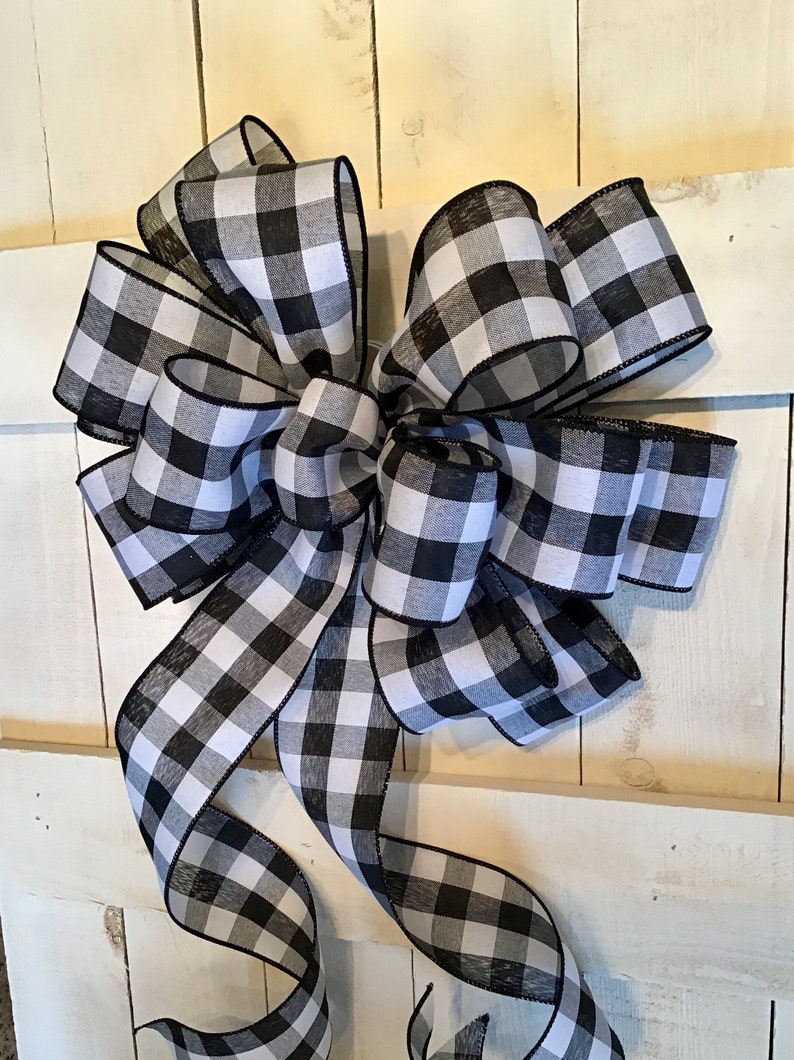 Black & White Farmhouse Buffalo Plaid 12” Bow Tree Topper Lg Wreath ...