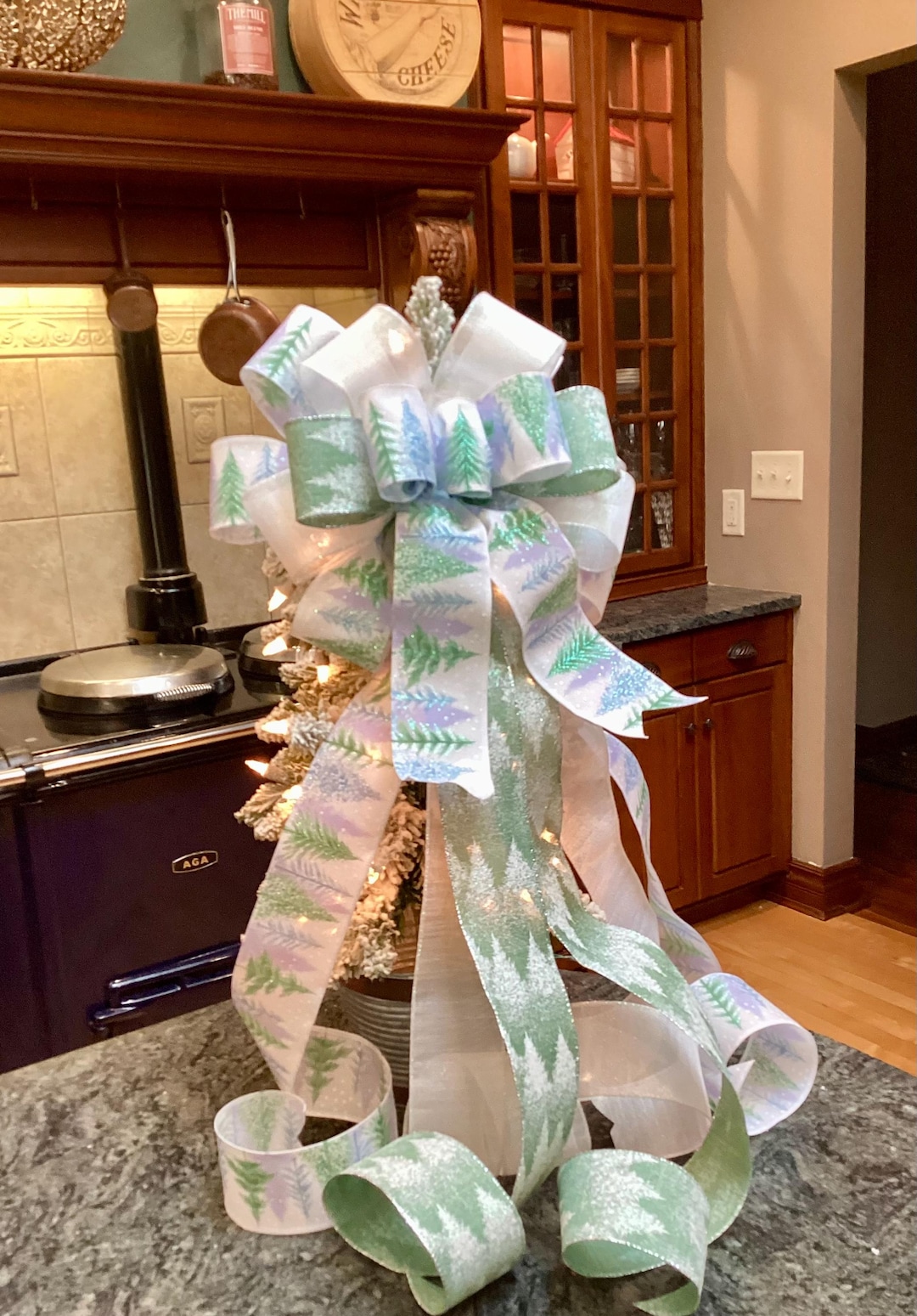 Beautiful Blue & Green Tree Topper Bow 12” Wide 8 Streamers Decor ...