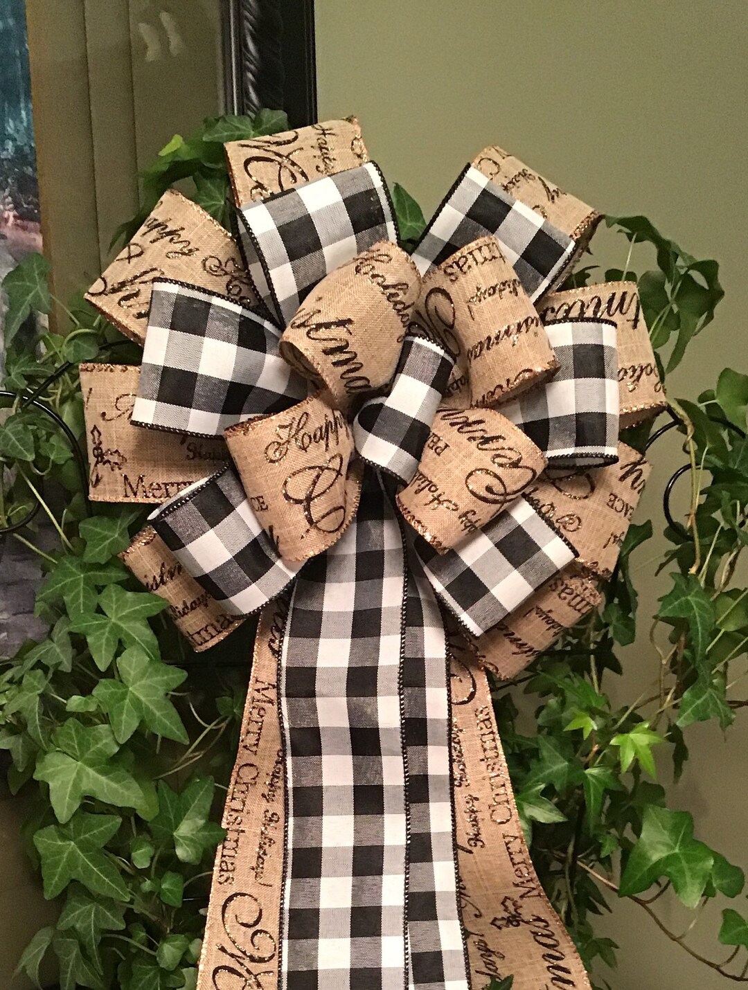 Buffalo Plaid Layered With Burlap Linen Script Ribbon 12 - Etsy