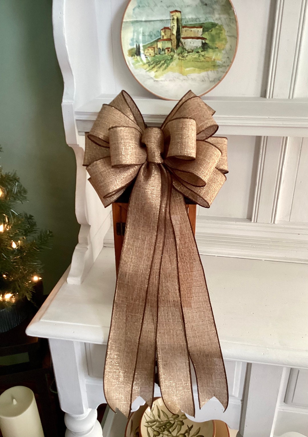 Shimmering Linen Burlap Tan 11” Wide Farmhouse Bow for Lantern Wreath ...