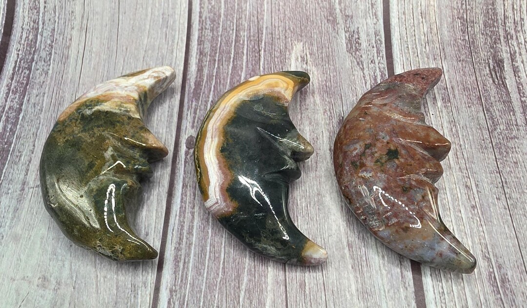 Hand-carved Moss Agate Moons With Faces Natural Crystal Gemstone - Etsy