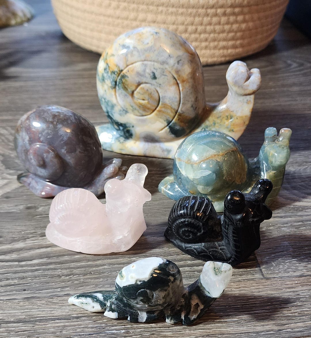 CUTE Snail Carvings Hand Carved Genuine Crystals Gemstones Ocean Jasper ...