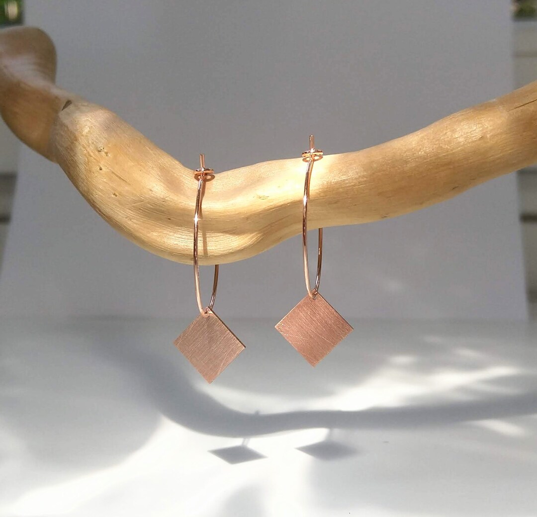 Copper-colored Earrings With Square Copper Pendant - Etsy