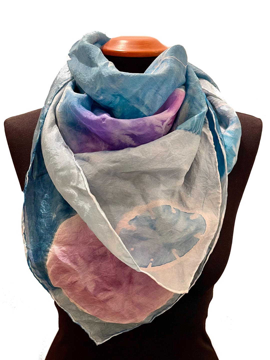 Unique Botanical Silk Neck Scarf Blue Pink/ 35x35 Inches 90x90cm Scarf ...