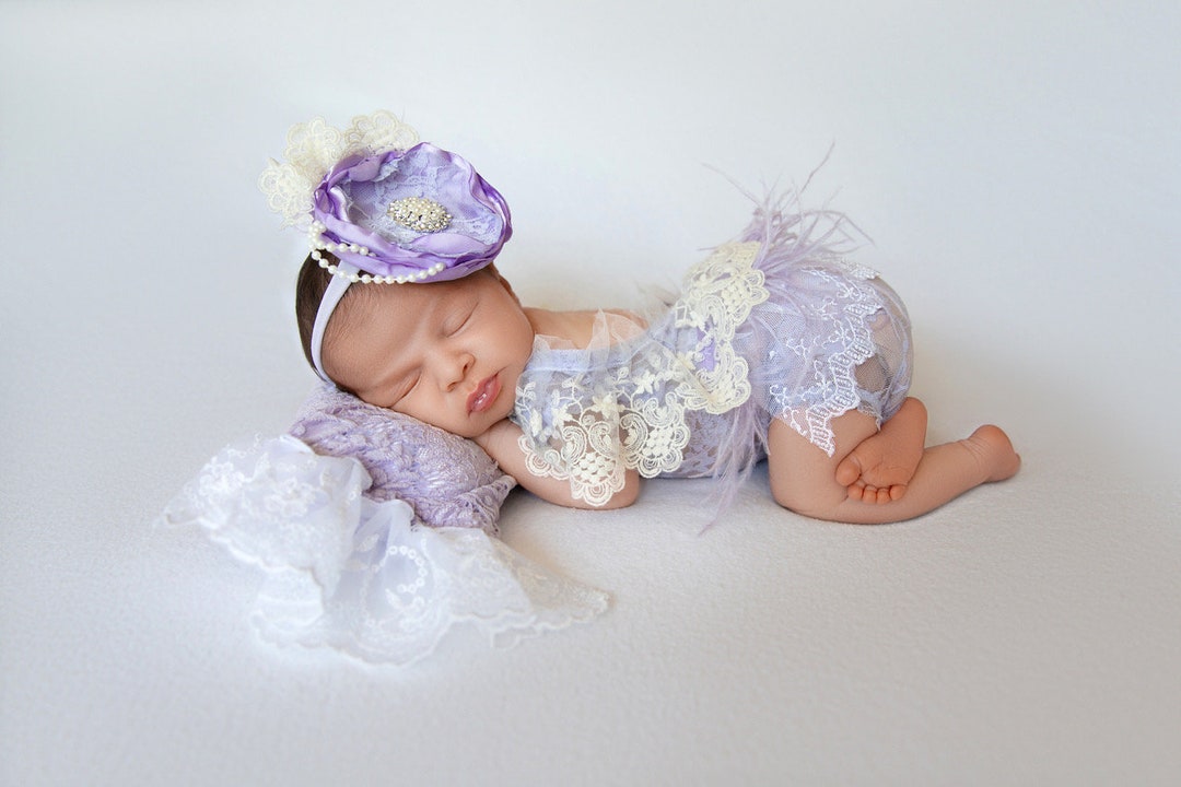 Lace Feather Baby Girl Romper Set, Newborn Photo Prop, Newborn Romper ...