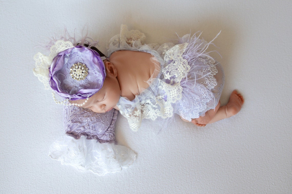 Lace Feather Baby Girl Romper Set, Newborn Photo Prop, Newborn Romper ...