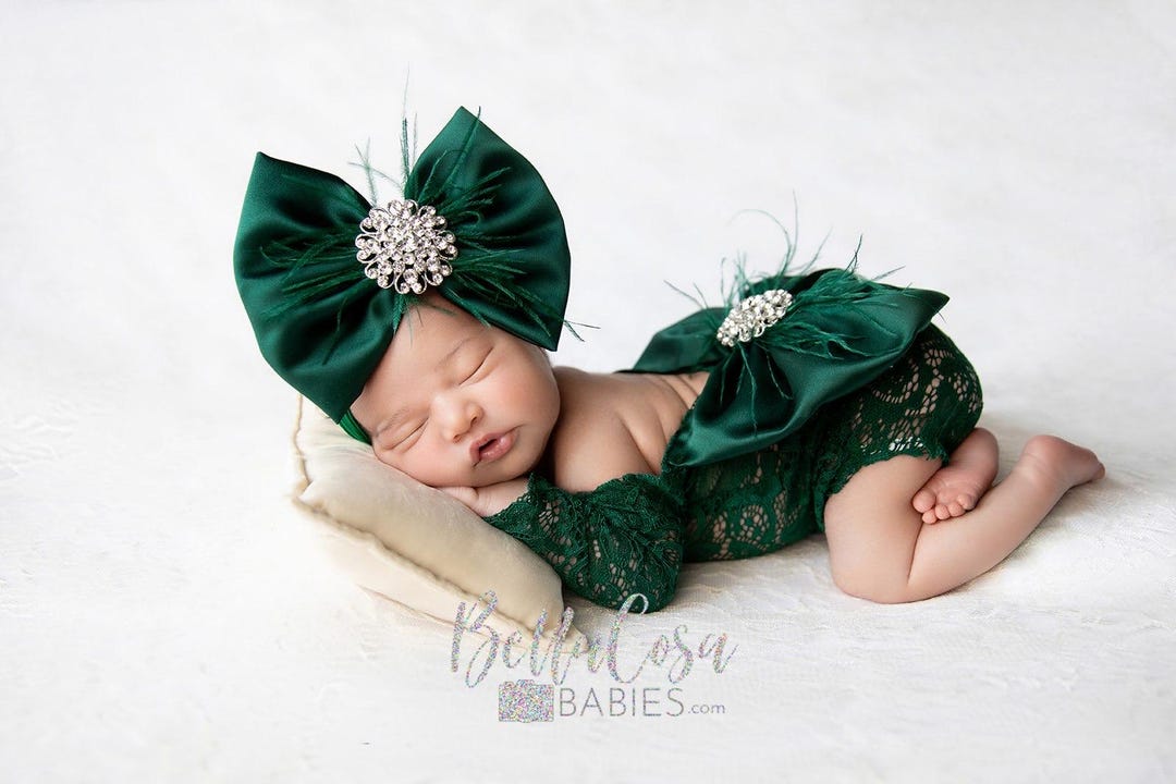 Hunter Green Lace and Feather Romper, Newborn Girl Photo Prop, Newborn ...