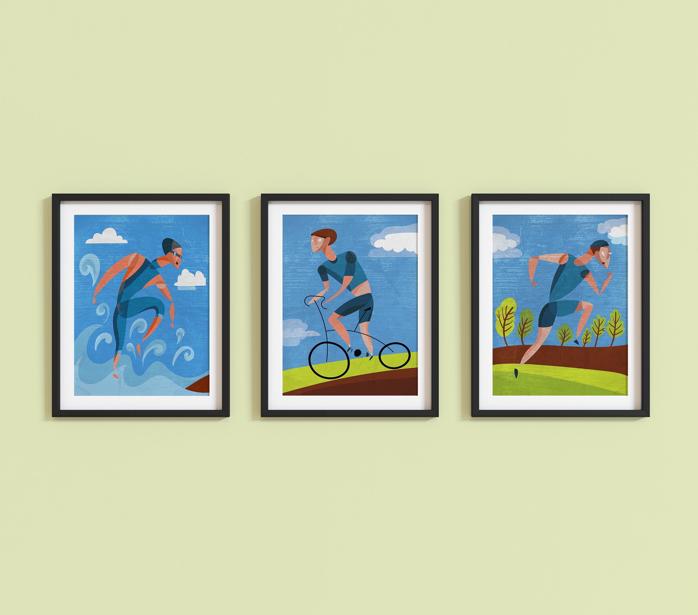 Set of 3 Triathlon Illustration Art Prints / Triathlon Wall Decor ...