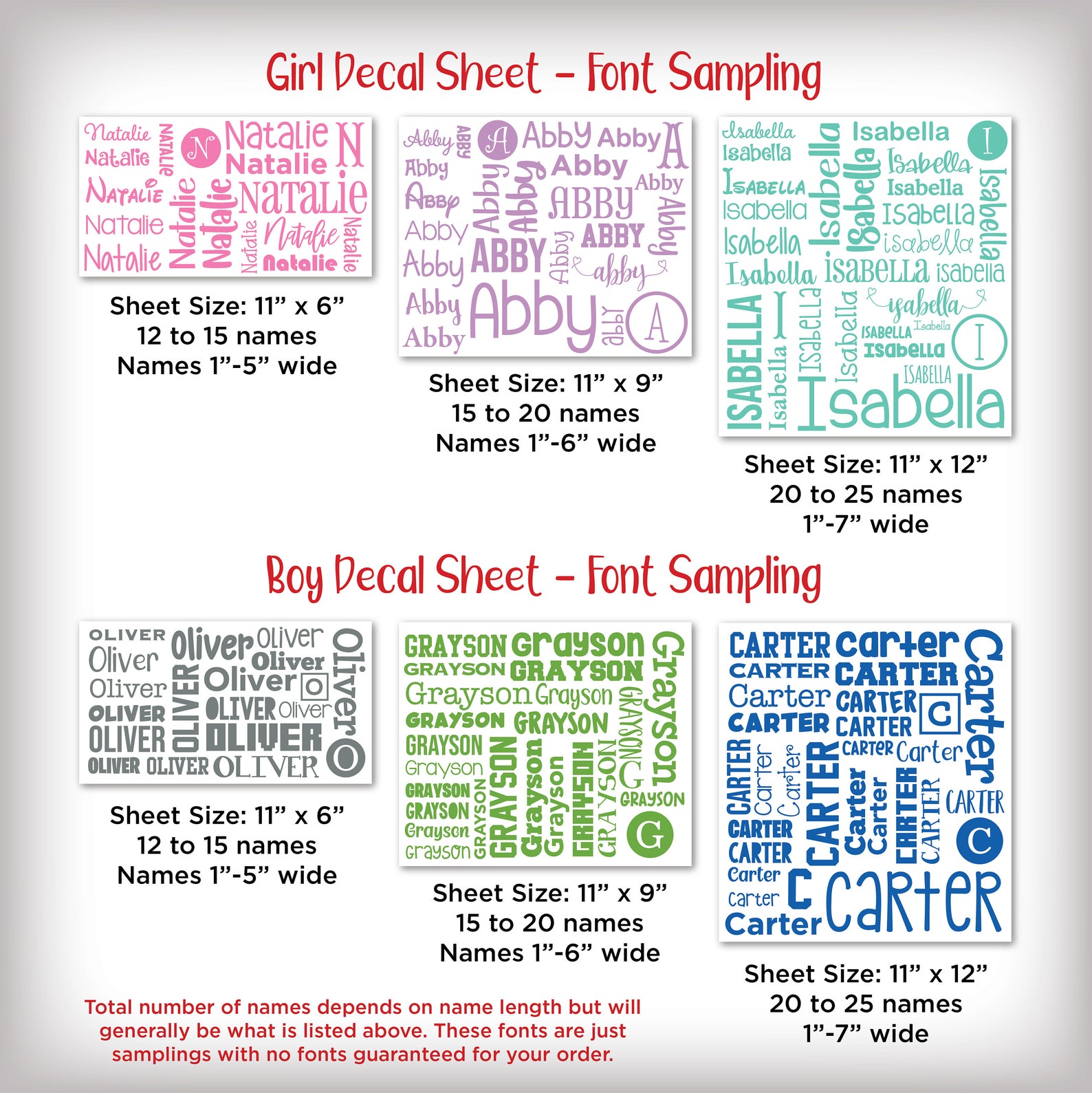 Name Decal Sheet Vinyl Decal Name Sheet Name Sticker Sheet | Etsy