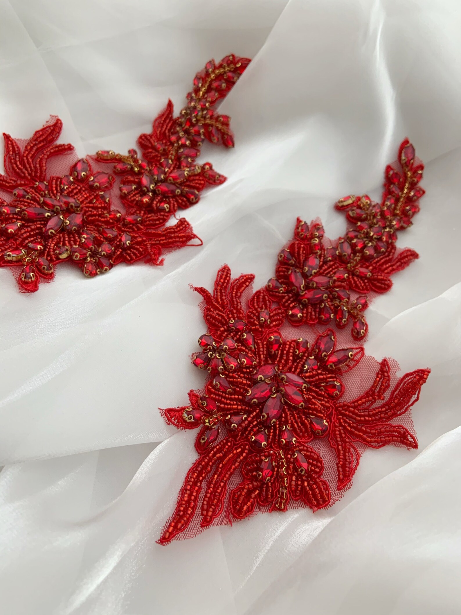 One pair red Rhinestone applique with florals motif for | Etsy