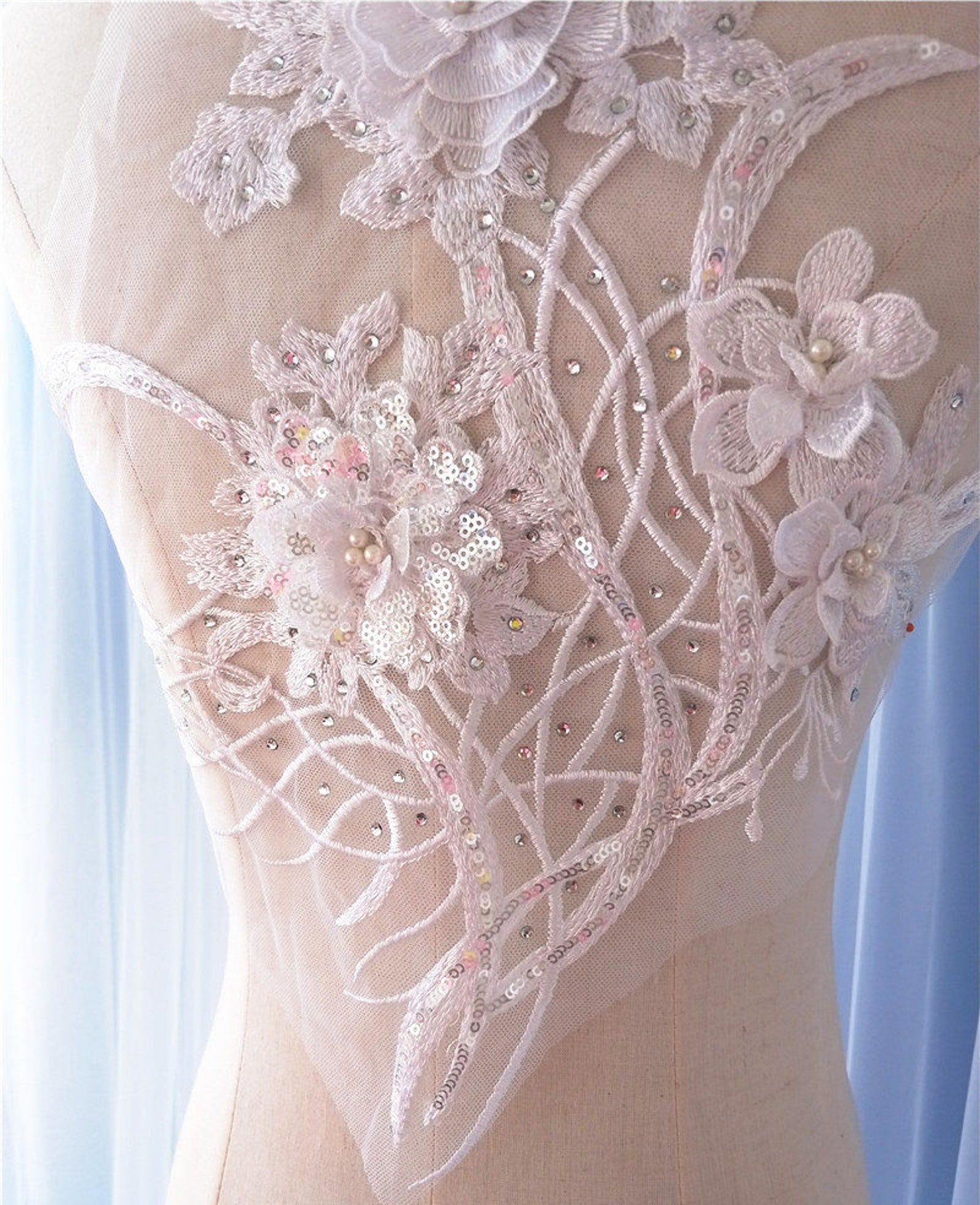 Deep pink heavy bead lace applique 3D lace applique with | Etsy