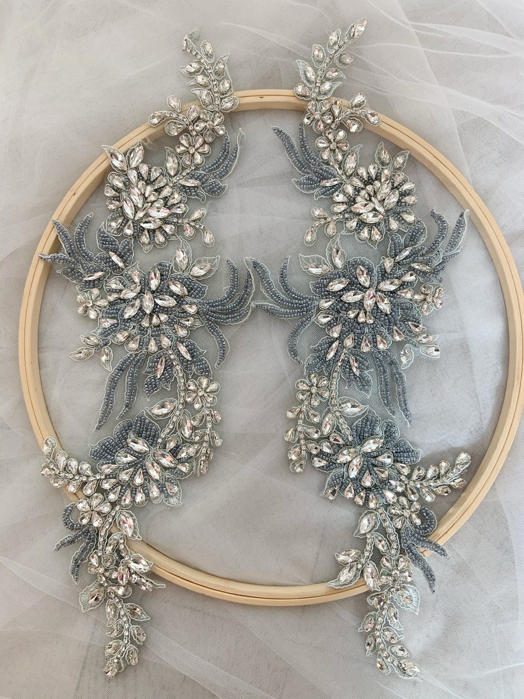 Pale Blue Rhinestone Applique With Florals Motif for Couture and Dress ...