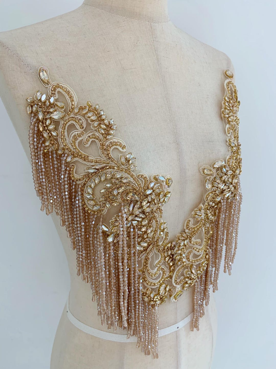Champagne Gold Rhinestone Appliqué With Crystal Fringe, Body Jewelry ...