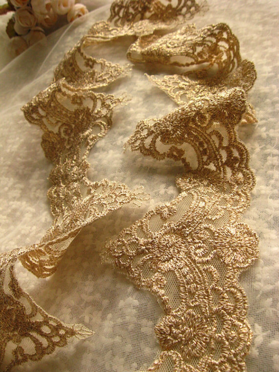 Gold Lace Trim, Gold Embroidered Lace Trim, Vintage Style Lace in Gold ...