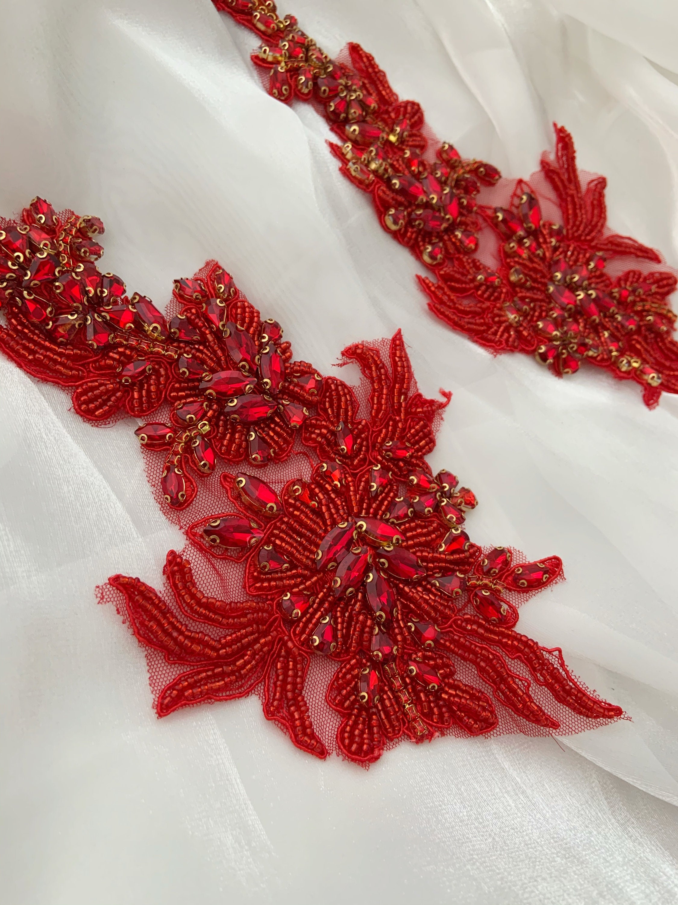One Pair Red Rhinestone Applique With Florals Motif for Couture, Dress ...