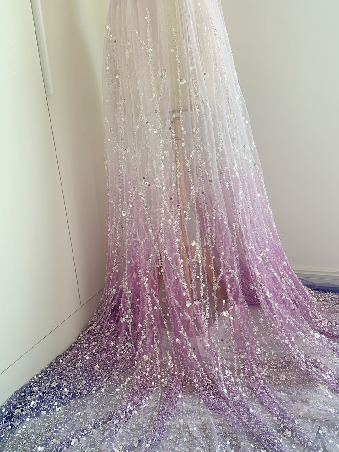 Ombre Purple Bead Tulle Fabric by the Yard for Dress, Heavy Bead Tulle ...