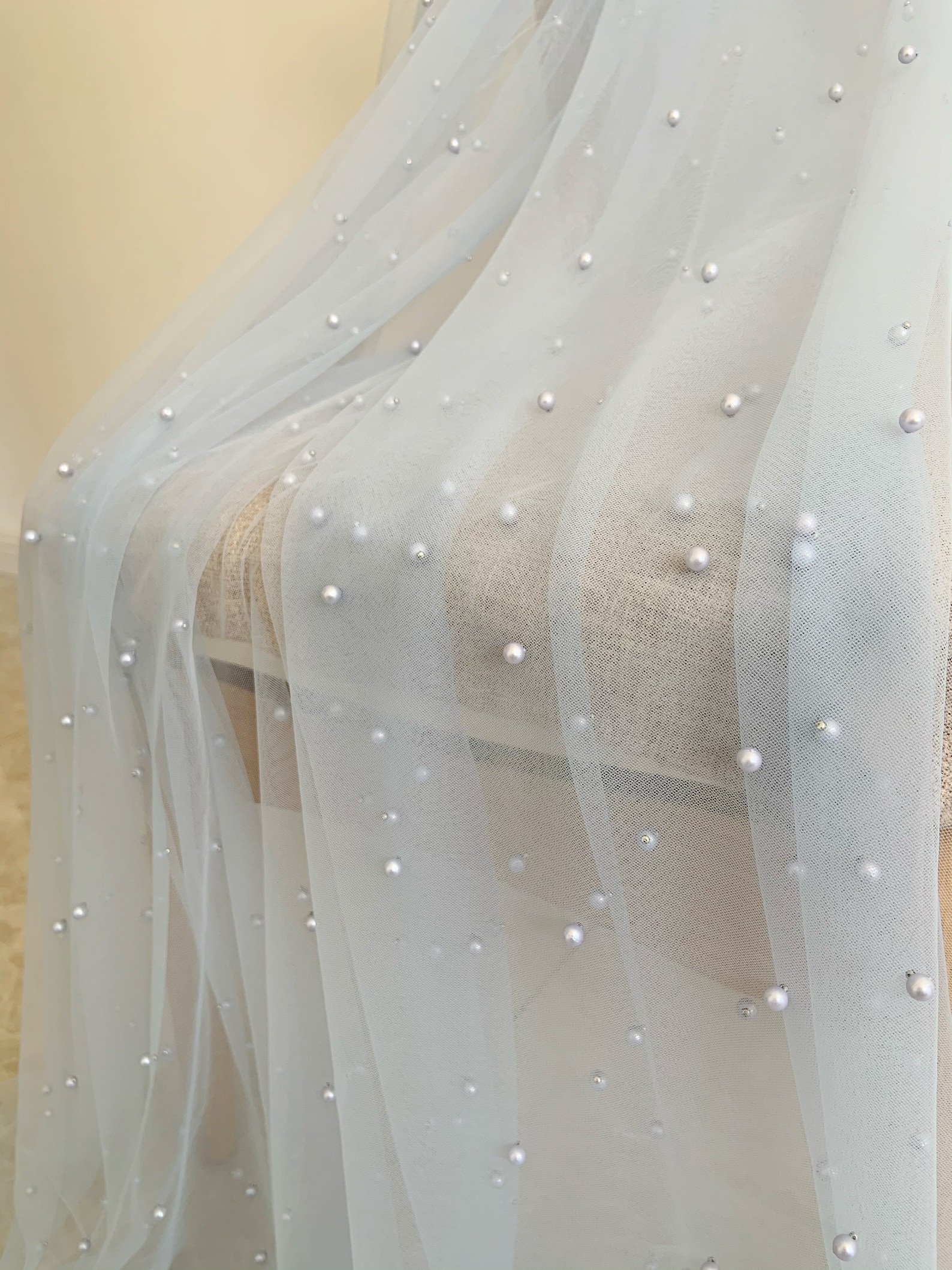3yards Soft Blue Tulle Fabric With Pearls Pearl Bead Tulle - Etsy
