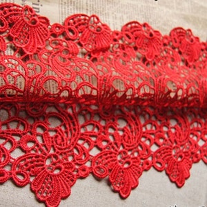 Red Lace Fabrics Crocheted Gown Fabric Hollowed Out Embroidered Florals ...