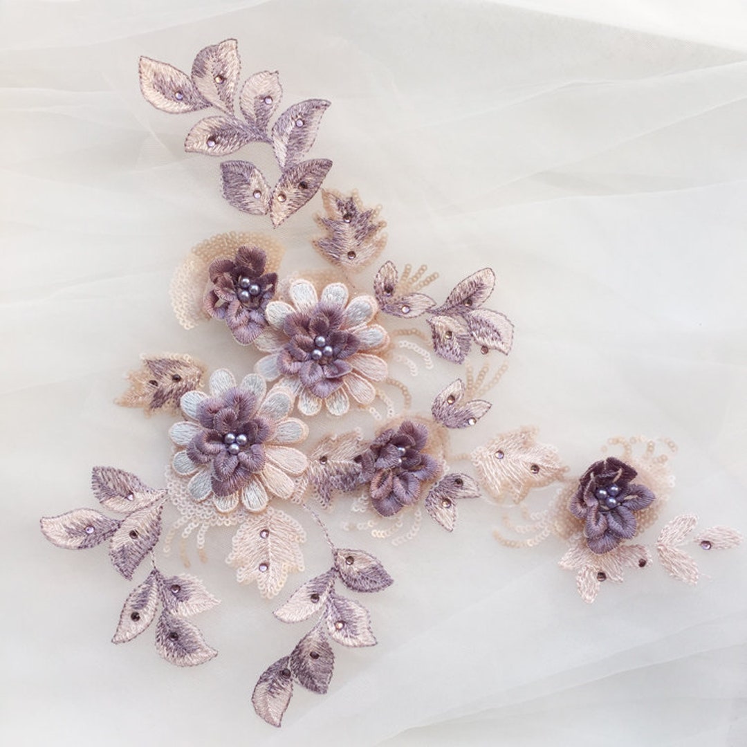 Purple Lace Applique, Heavy Bead Lace Applique, 3D Lace Applique With ...