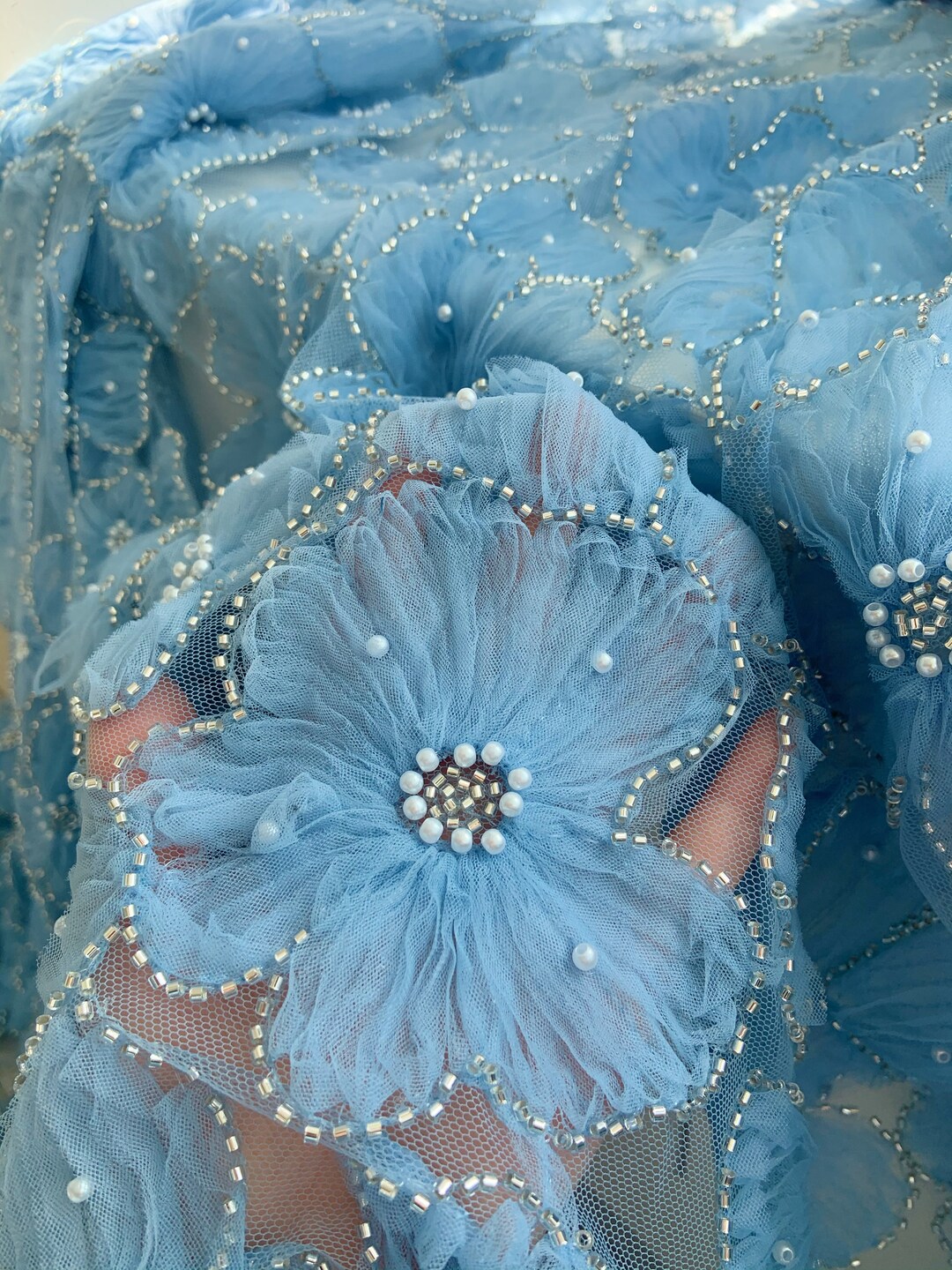 Blue Bead Tulle Lace Fabric With 3d Flowers - Etsy