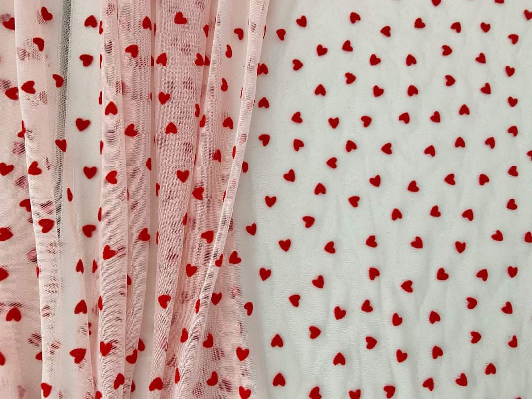 4 Way Stretchy Fabric With Red Velvet Hearts, Elastic Mesh Fabric With ...