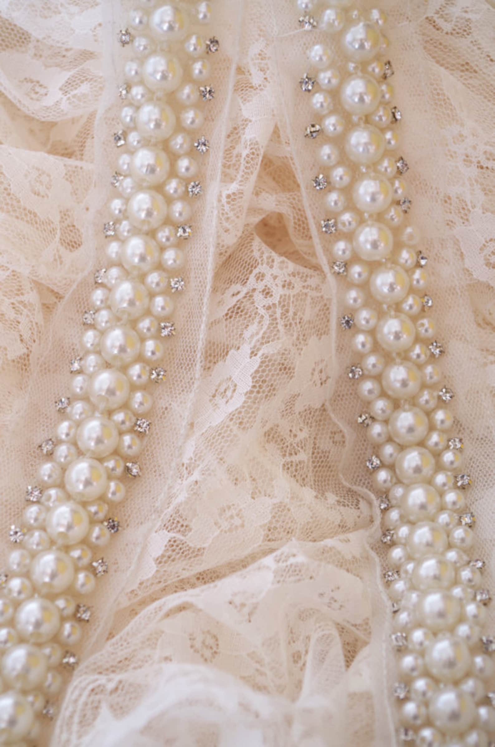 Pearl Beaded Lace Trim With Rhinestones Rhinestone and Pearls - Etsy