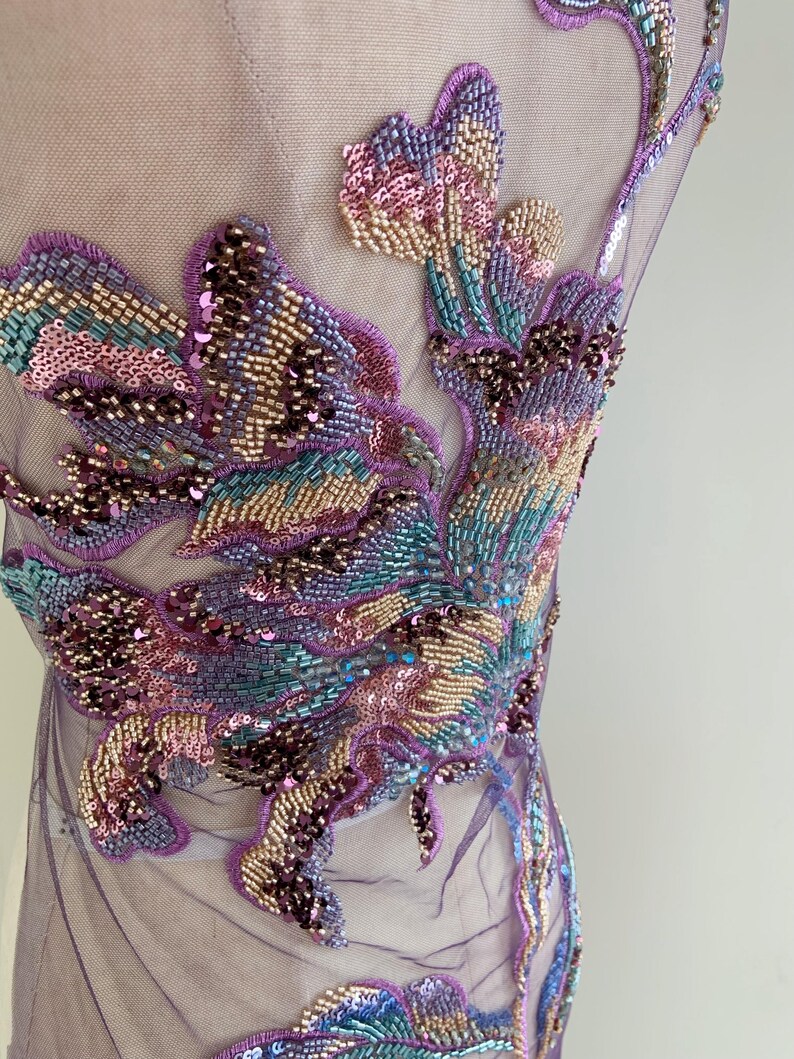 Big Violent Purple Bead Flowers Appliqué , Heavy Bead Floral Embroidery ...