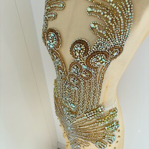 Large Gold Ab Rhinestone Bodice Applique for Bodysuit, Sparkle Crystal ...