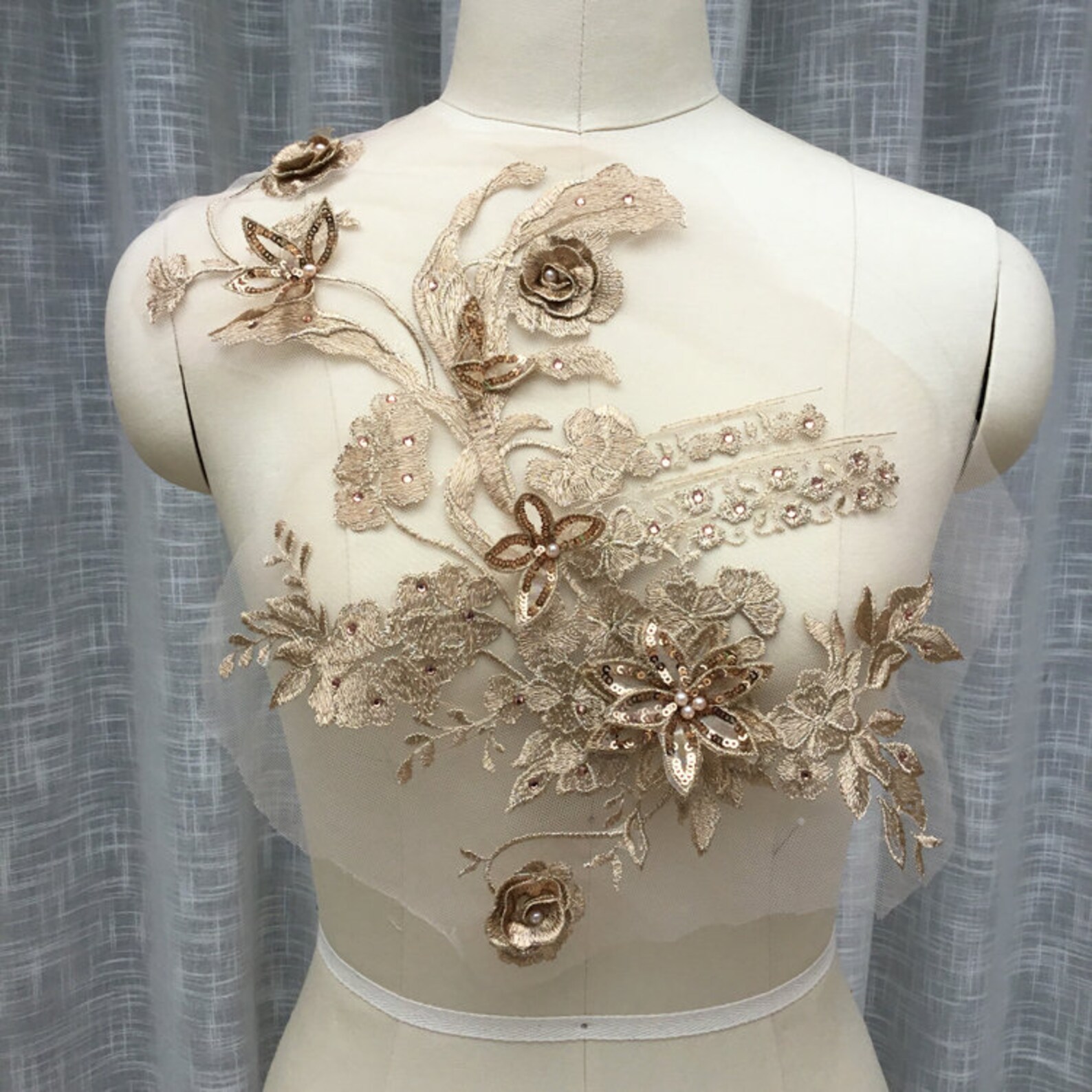 Gold Heavy Bead Lace Applique, Sequin 3D Lace Applique, Golden 3d ...