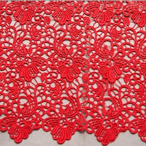 Red Lace Fabrics Crocheted Gown Fabric Hollowed Out Embroidered Florals ...