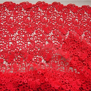 Red Lace Fabrics Crocheted Gown Fabric Hollowed Out Embroidered Florals ...
