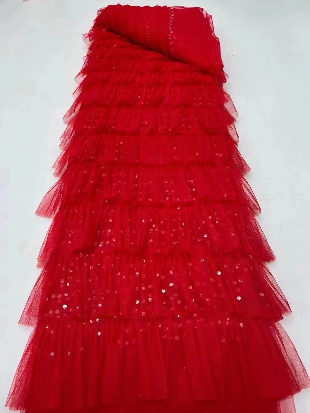 Red Ruffles Fabric With Sequins, Sparkle Ruffled Fabric for Cake Dress ...