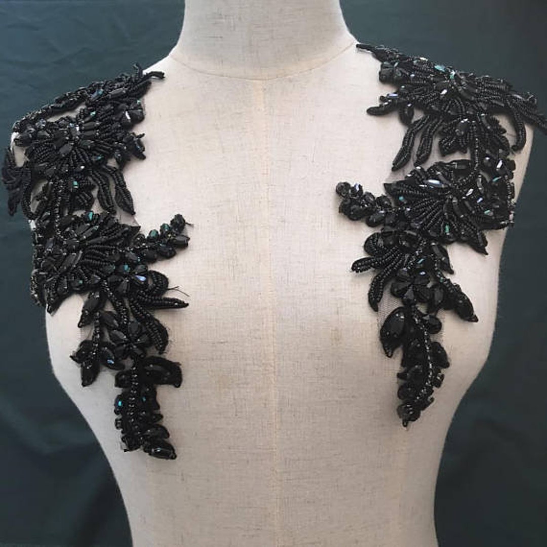 Black Bead Applique, Heavy Bead Handmade Rhinestone Applique for Bridal ...