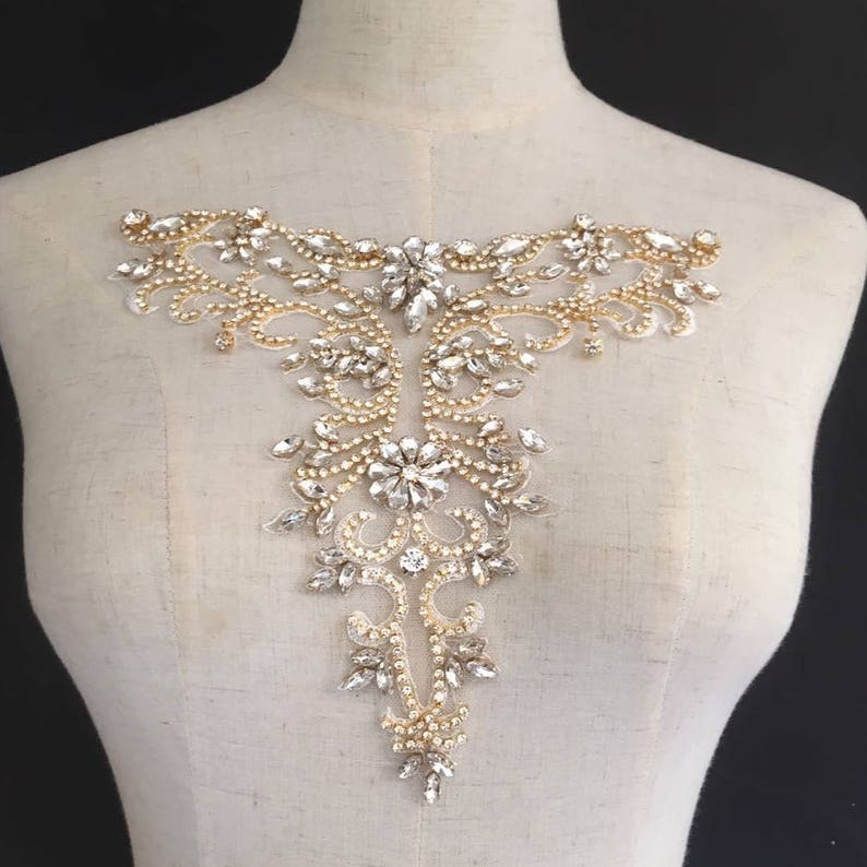 Gold Rhinestone Neckline Applique, Crystal V Neckline Applique, Gold ...