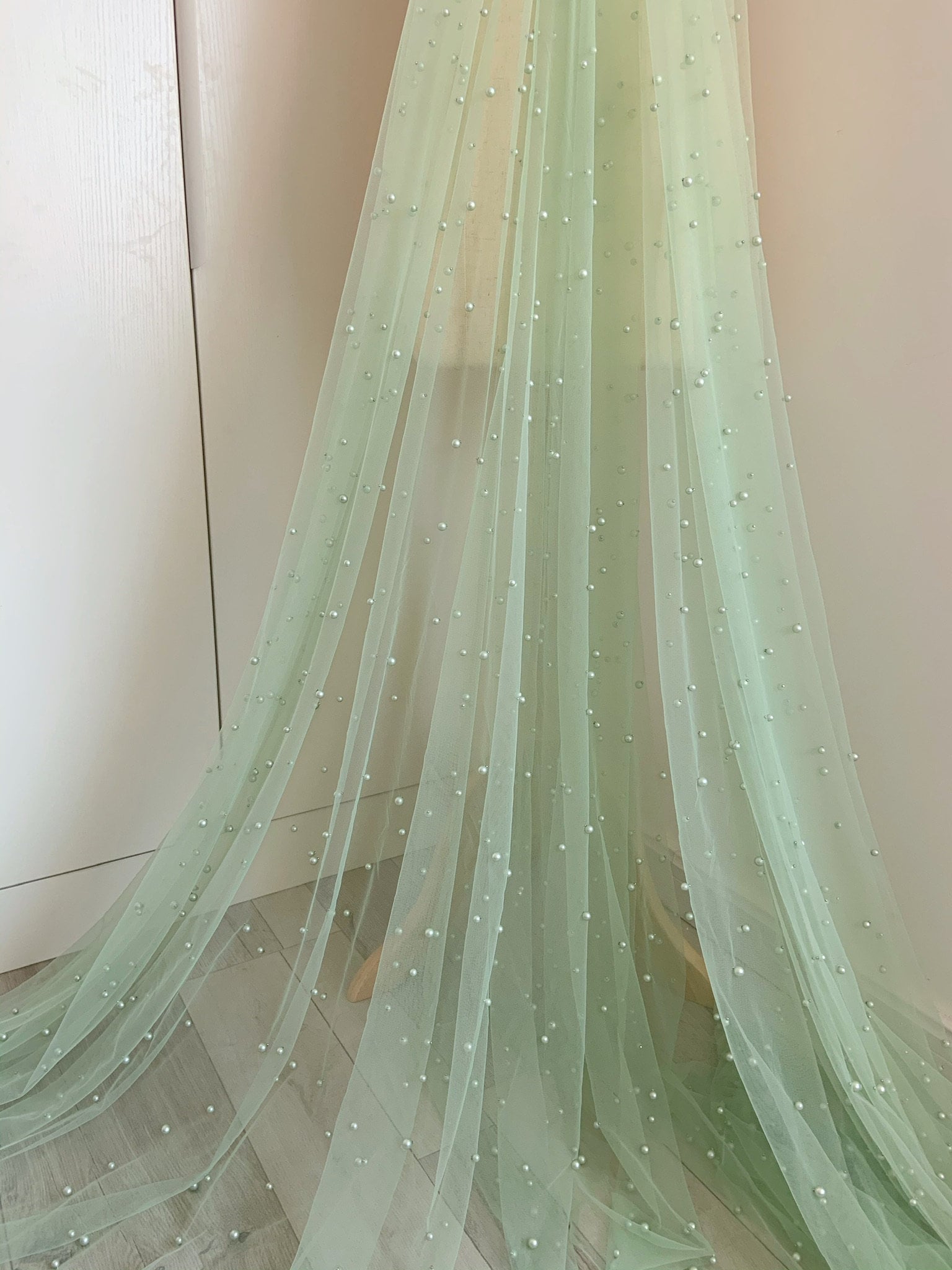 3yards Sage Green Tulle Fabric With Pearls | Etsy