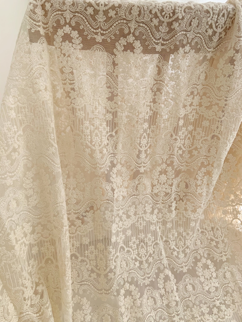 Ivory Beige Embroidered Tulle Lace Fabric With Chevron Patterns, Retro ...