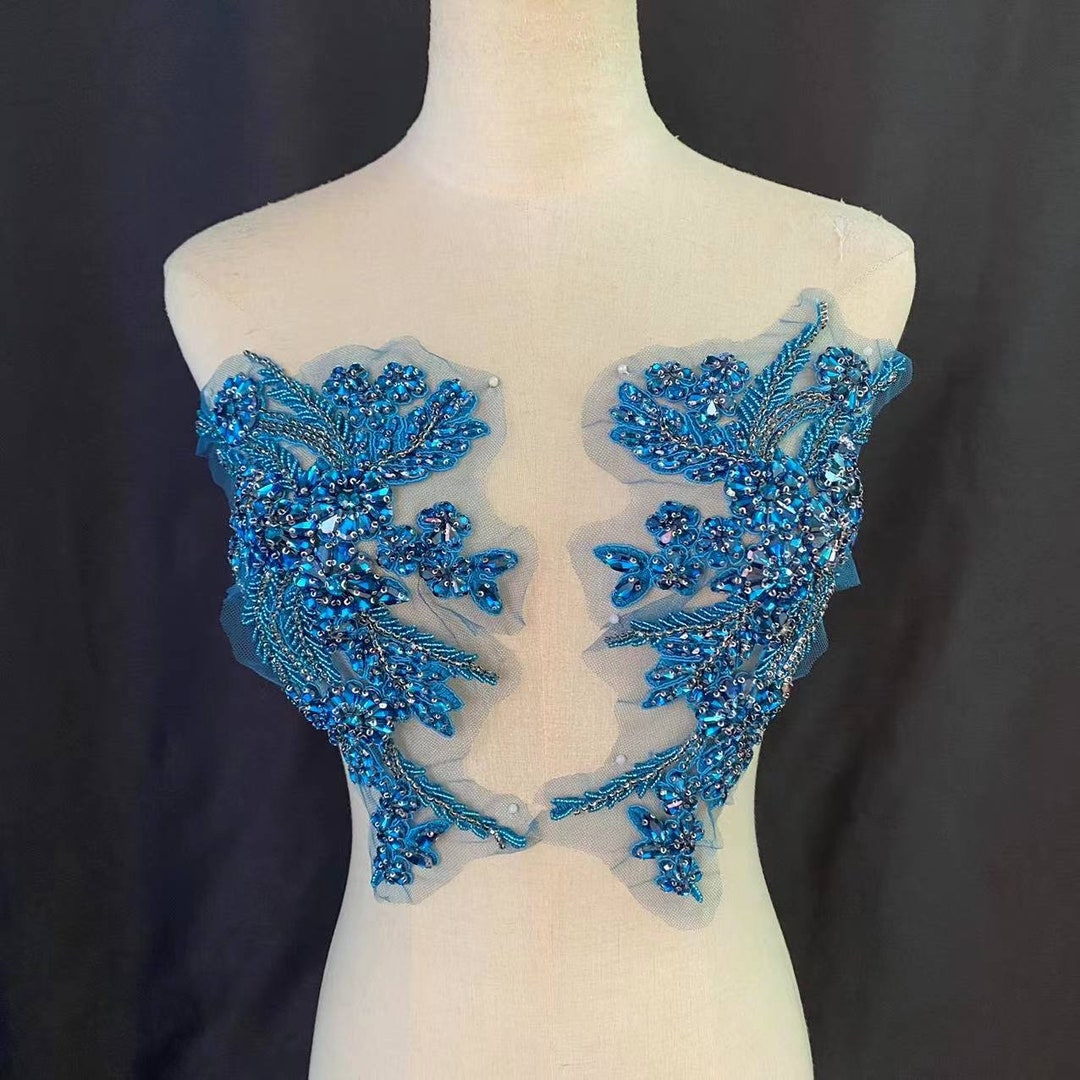 Teal Rhinestone Floral Applique, Handmade Rhinestone Patch for Couture ...