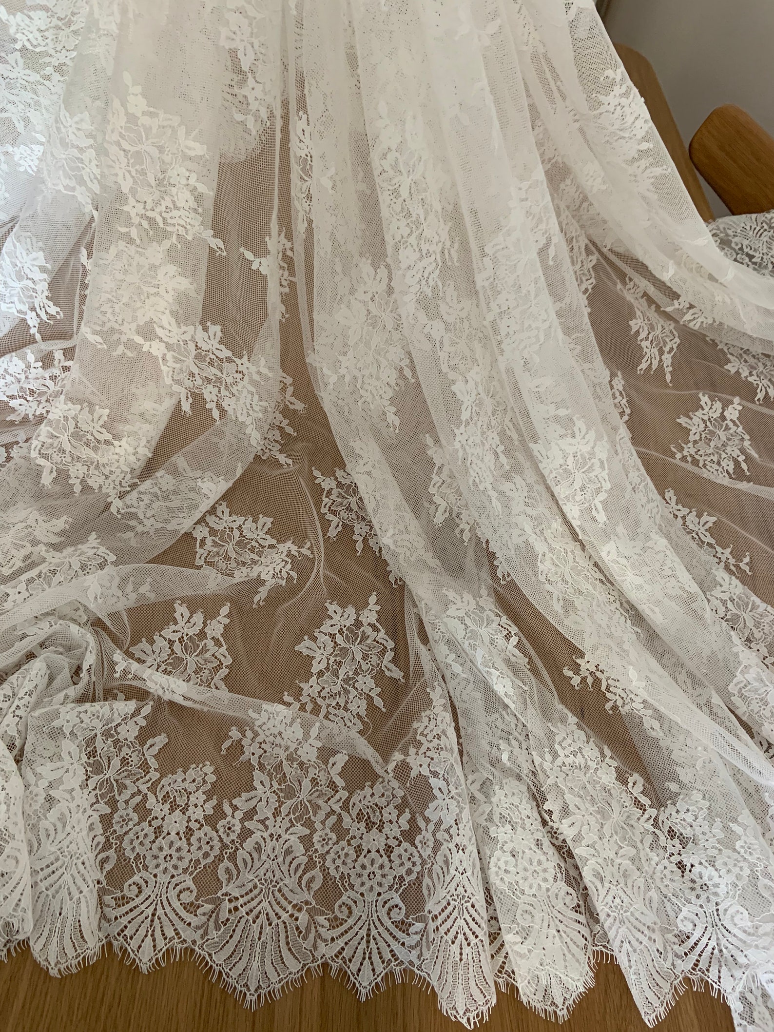 Ivory Chantilly Lace Fabric With Double Scallops, Retro Florals Motif ...