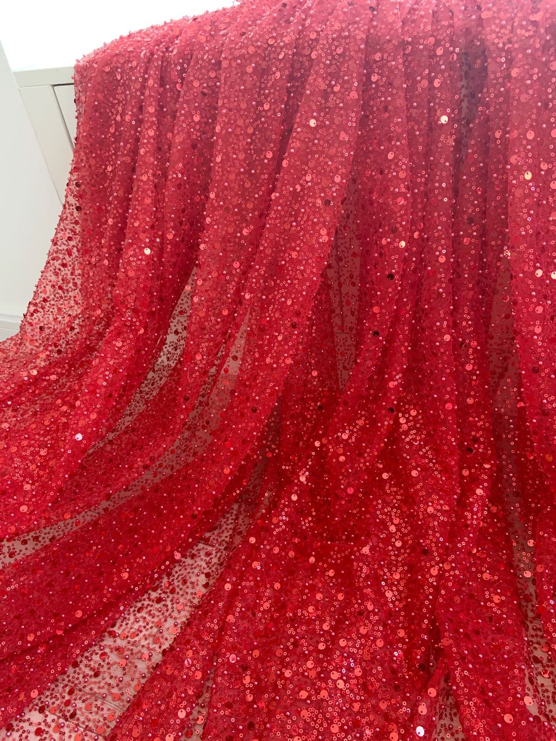 Red Sequined Lace Fabric by the Yard for Bridal Dress, Dance Costume ...