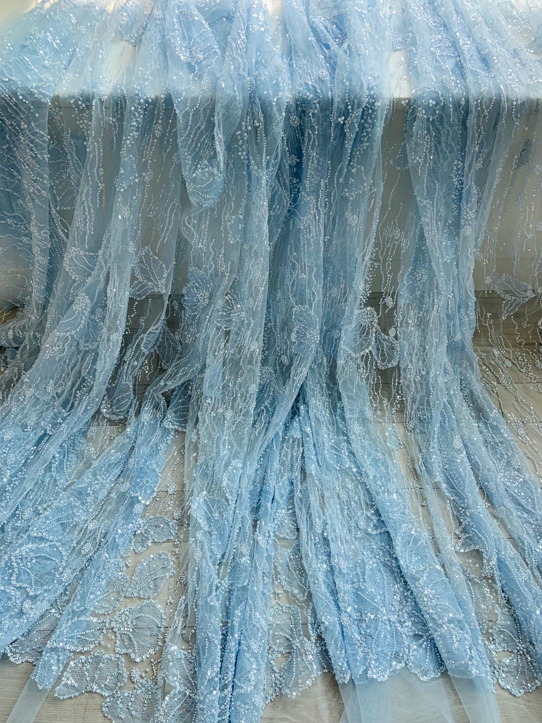 Light Blue Bead Lace Fabric With Flowers for Dress, Heavy Bead Tulle ...