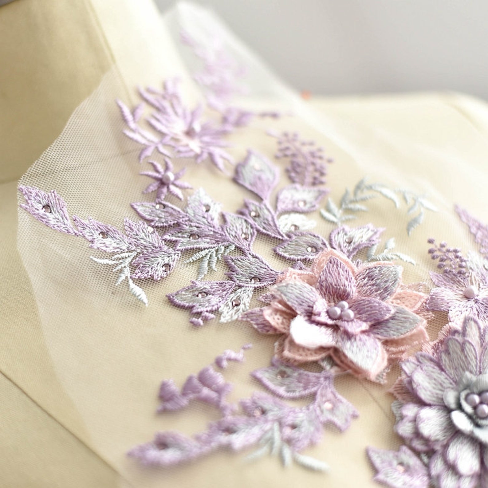 Lavender Heavy Bead Lace Applique 3D Lace Applique With - Etsy