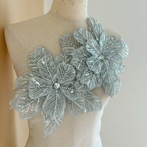 Gray Bead Lace Applique, Heavy Bead Lace Applique, 3D Flowers Lace ...